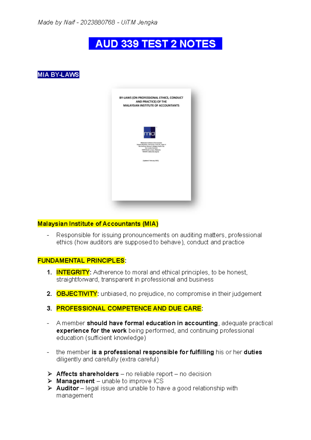 AUD 339 TEST 2 Notes on Auditing Principles and Practices - Studocu