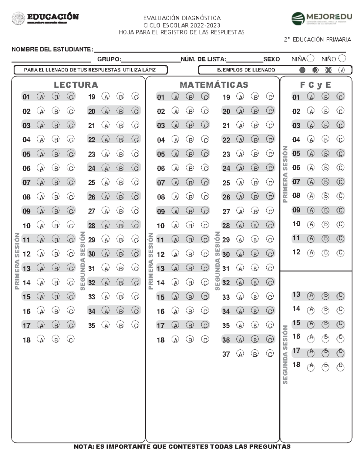 2° HOJA Respuestas - SEGUNDA SESI”N SEGUNDA SESI”N EVALUACI”N DIAGN”STICA CICLO ESCOLAR 2022 ...