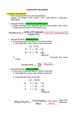 Chemistry Reviewer 3 - CHEMISTRY REVIEWER I. Moles Calculations Mole ...