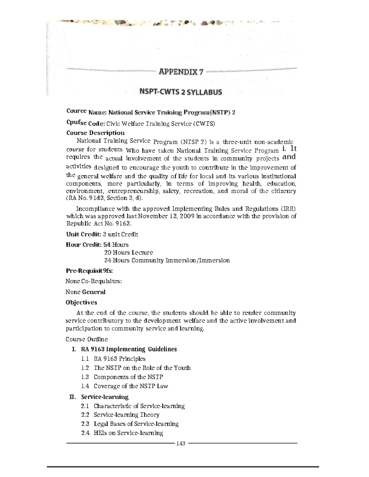Appendix 7-3 - SYLLABUS - Couree Name: National Service Training P ...