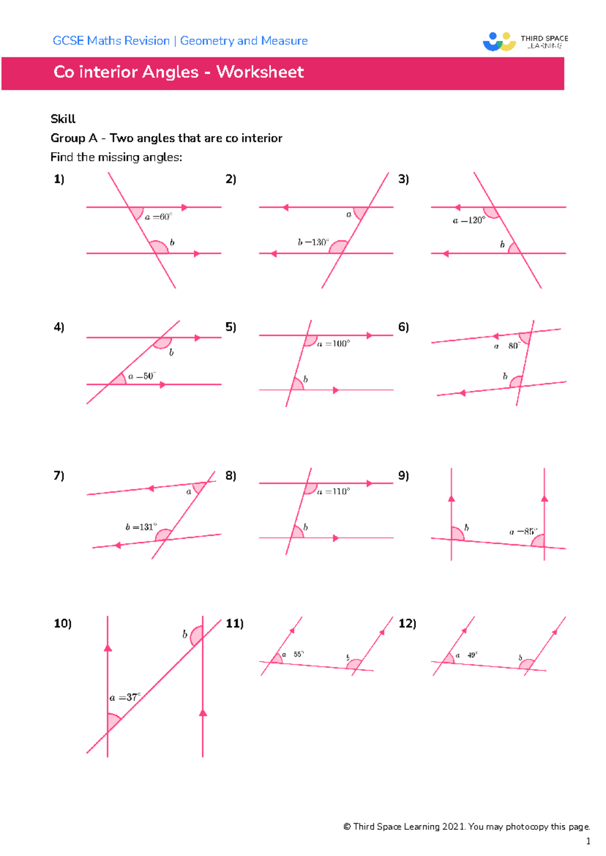 GCSE Maths Co-Interior Angles Worksheet and Answers - Studocu