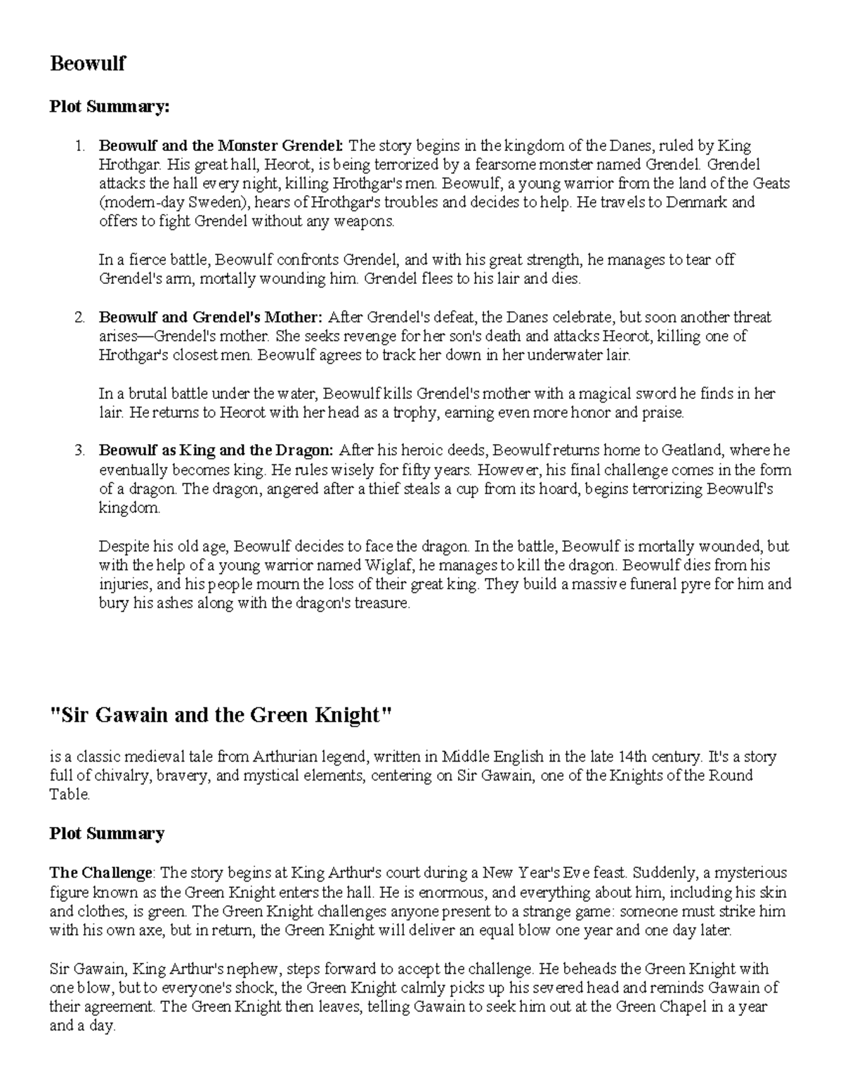 ELT313 Stories Summaries - Beowulf Plot Summary: ####### 1. Beowulf and ...