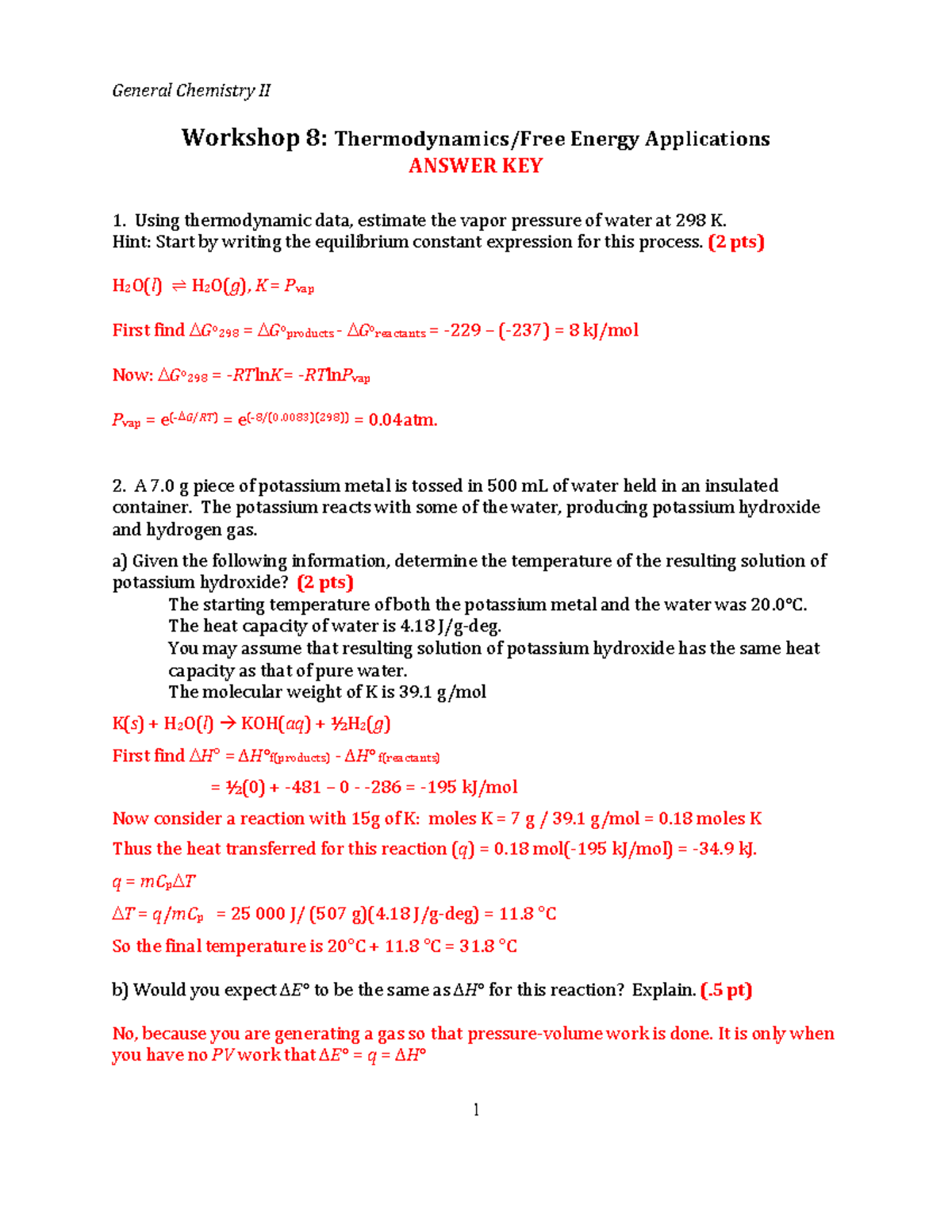 Workshop 8: Thermodynamics & Free Energy Applications KEY (Gen Chem II ...