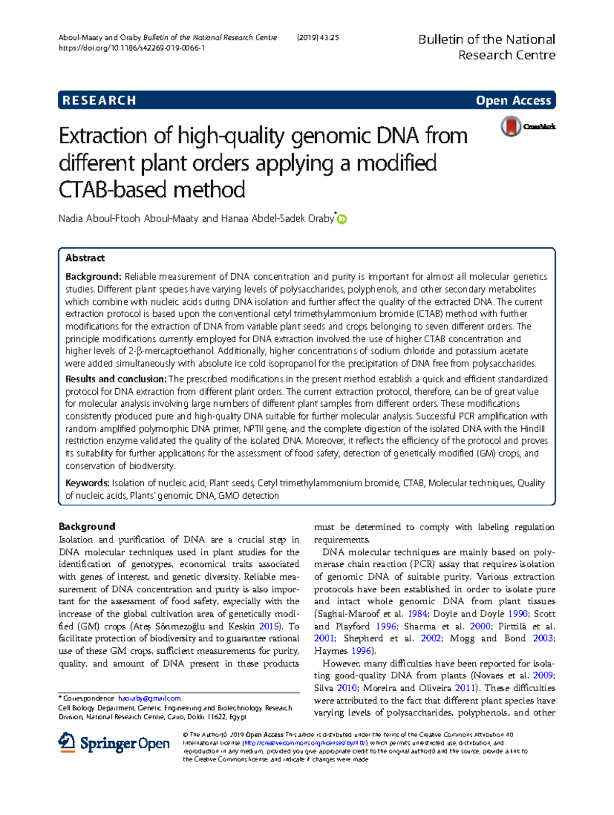 Extraction of Genomic DNA from 19 Plant Species Using Modified CTAB ...