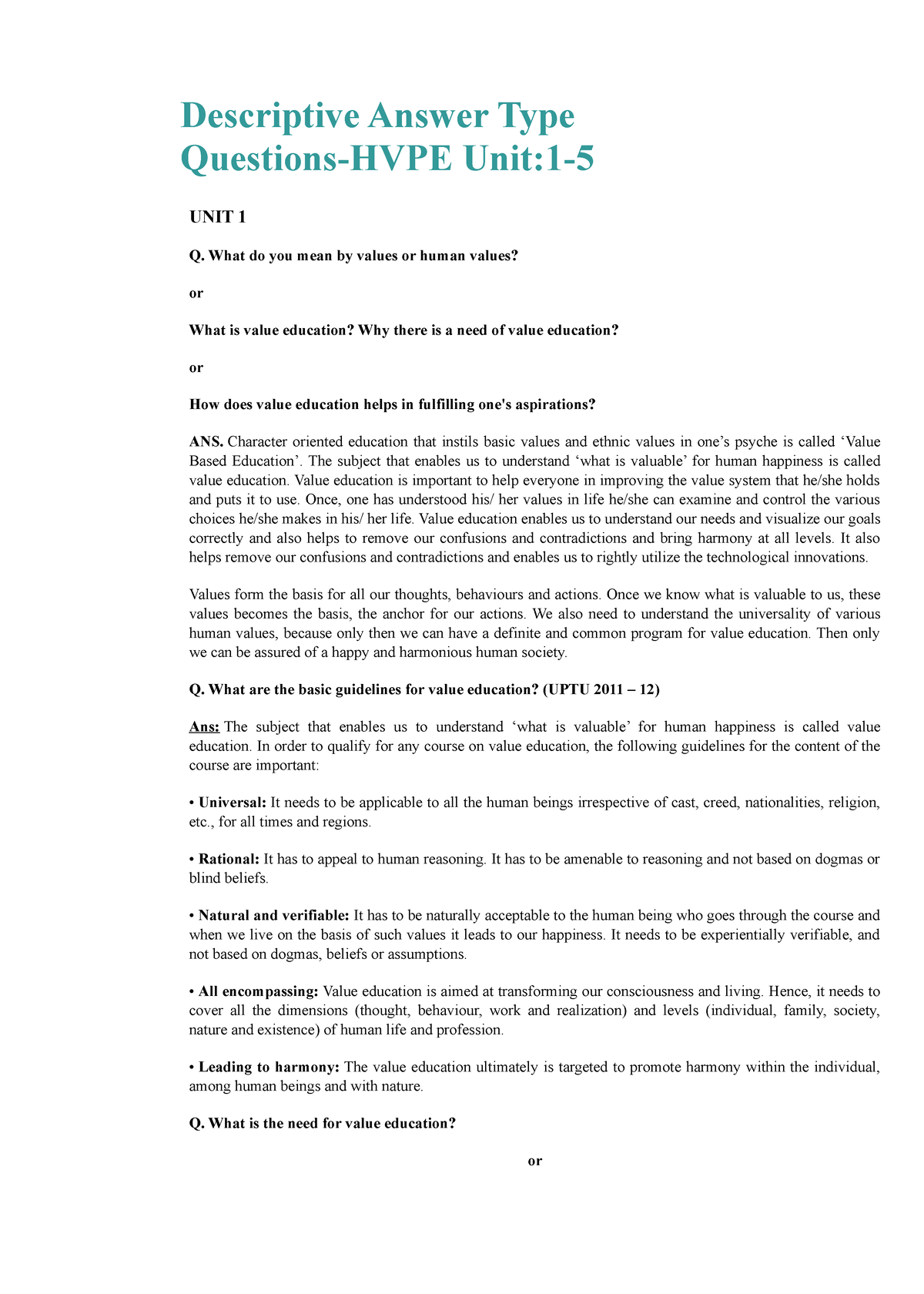 Human Values and Ethics - Descriptive Answer Type Questions-HVPE Unit:1 ...