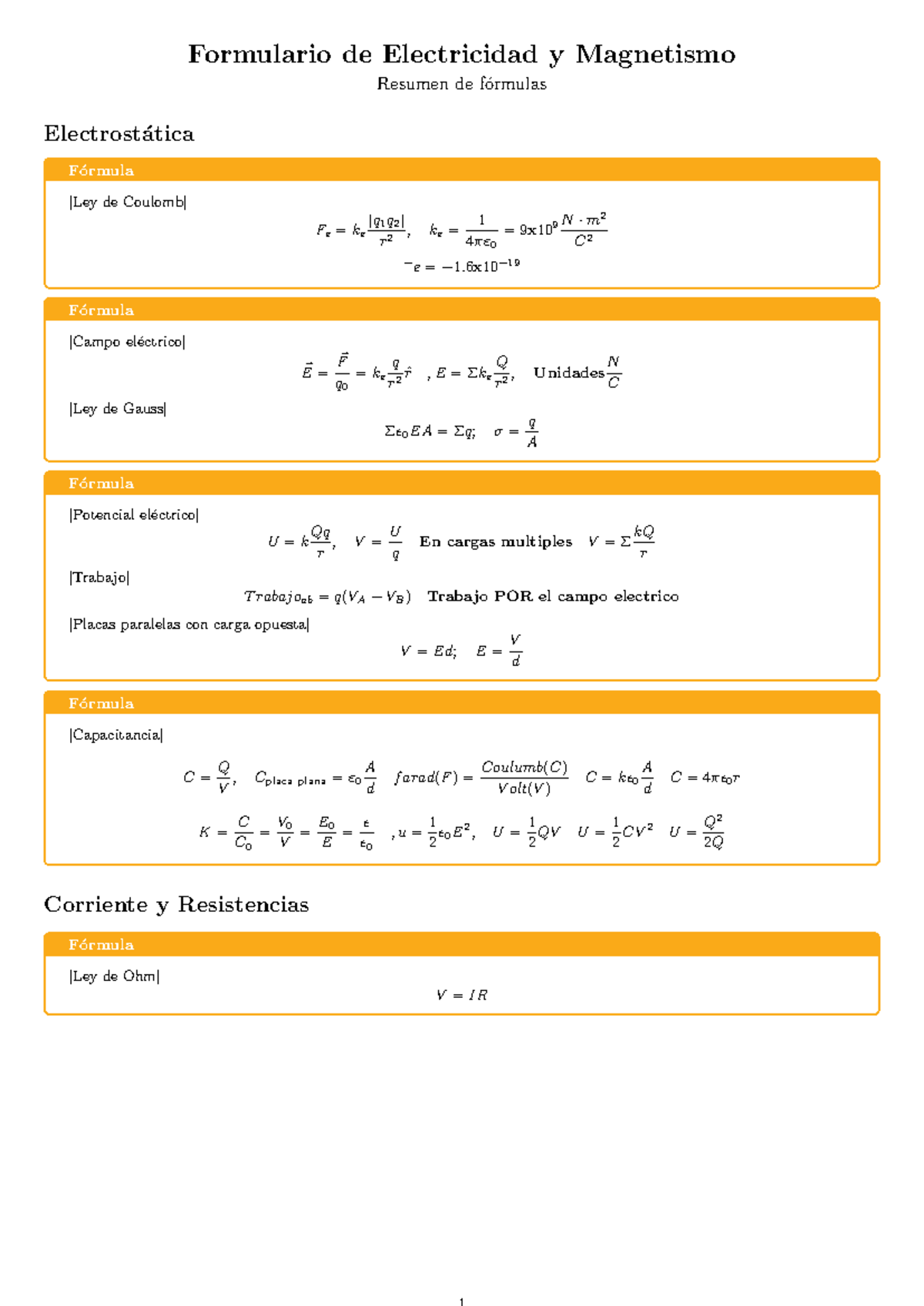 Formulario de Electricidad y Magnetismo: Resumen de Fórmulas - Studocu