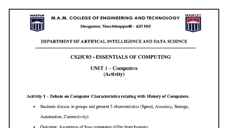 CS25C03 Essentials of Computing Activities Overview and Details - Studocu
