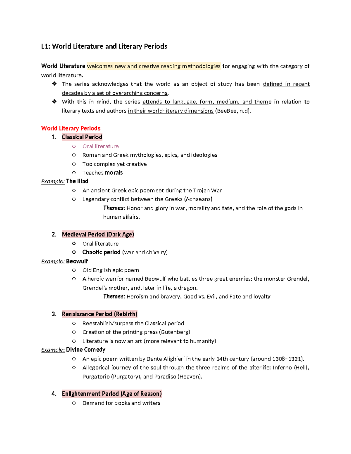 L1: World Literature and Literary Periods Overview and Analysis - Studocu