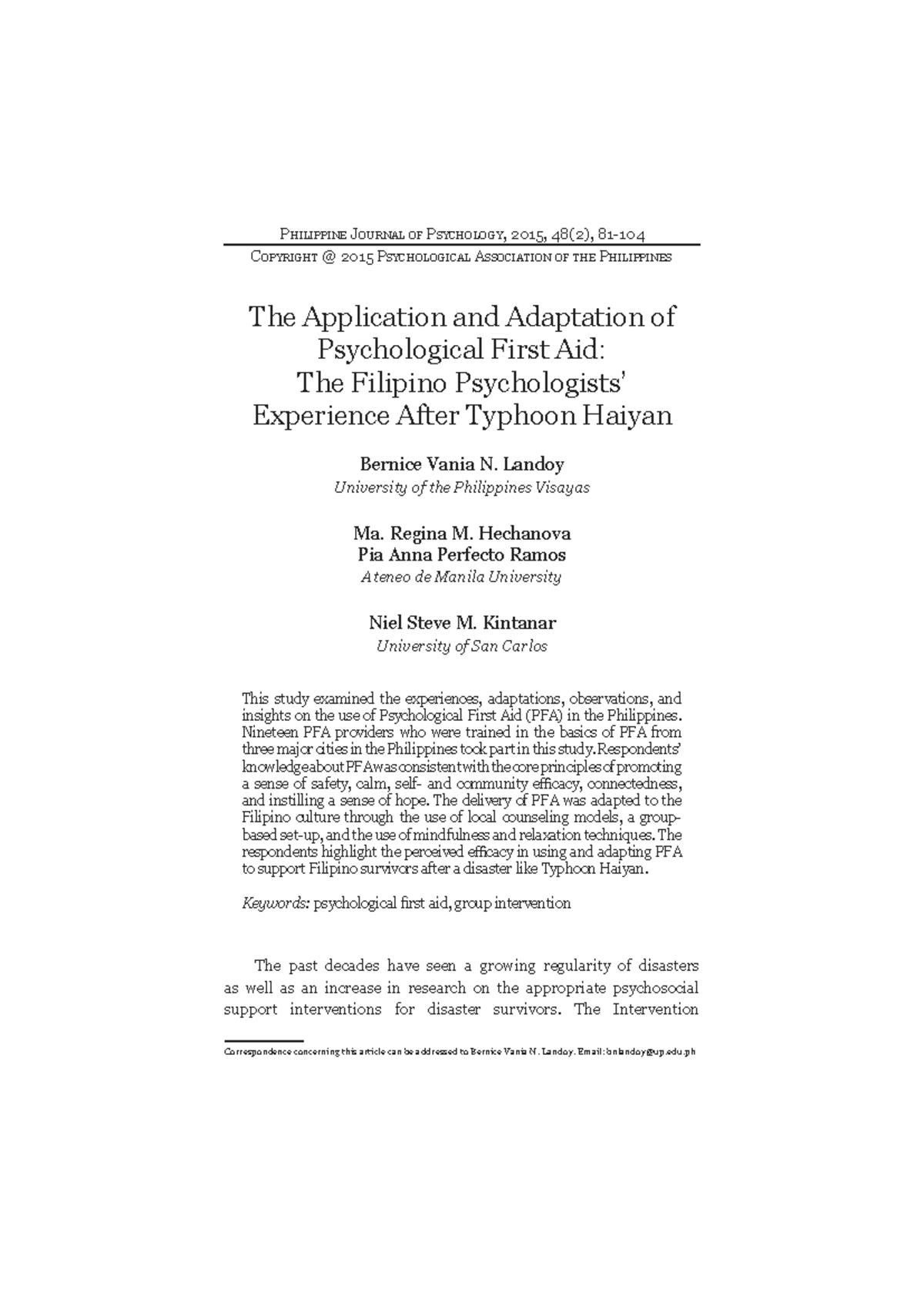 Application and Adaptation of Psychological First Aid: Filipino ...
