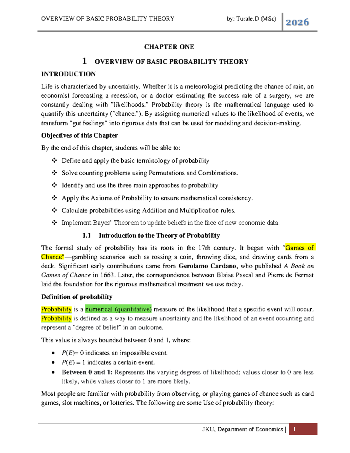 Statistics for Economics: Overview of Basic Probability Theory (MSc ...