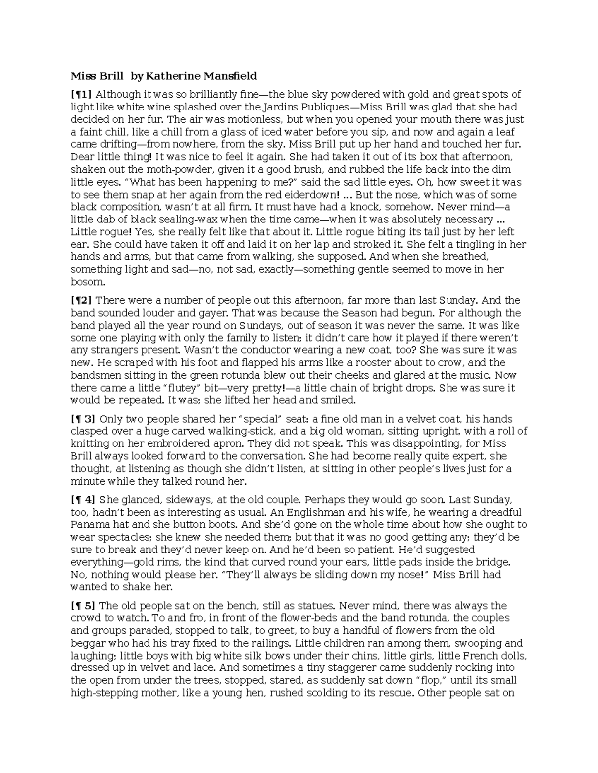 Miss Brill Analysis (ENG 101: Literature Study) - Studocu