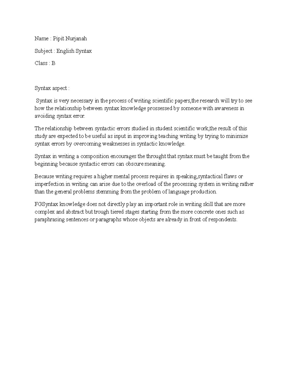 Aspec Syntax - Name : Pipit Nurjanah Subject : English Syntax Class : B ...