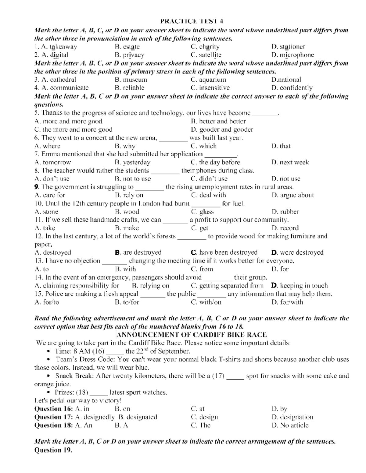 PRACTICE TEST IEST 4: Pronunciation, Stress, and Vocabulary Exercises ...