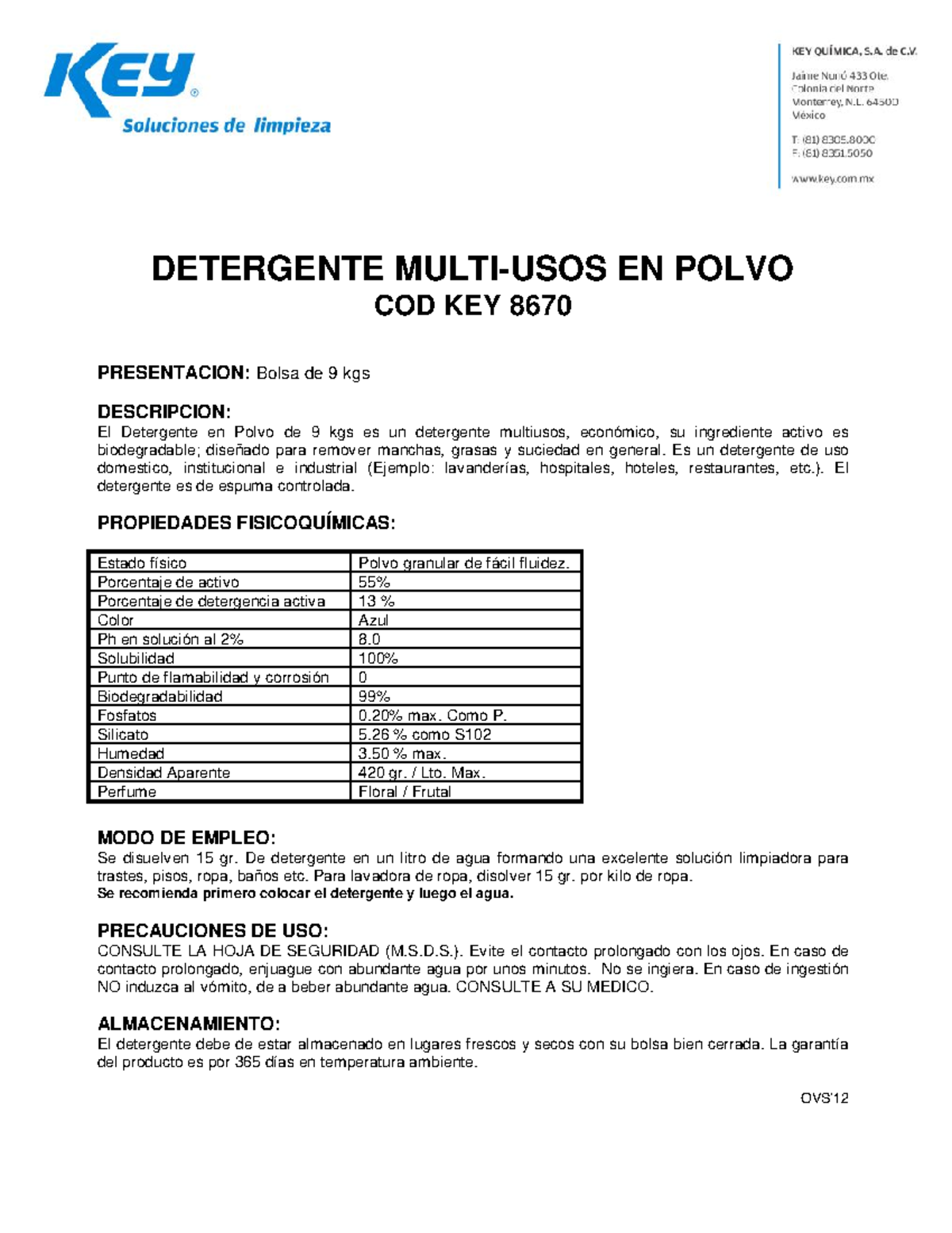 FT KEY Detergente Multiusos en Polvo (8670) - Descripción y Uso - Studocu