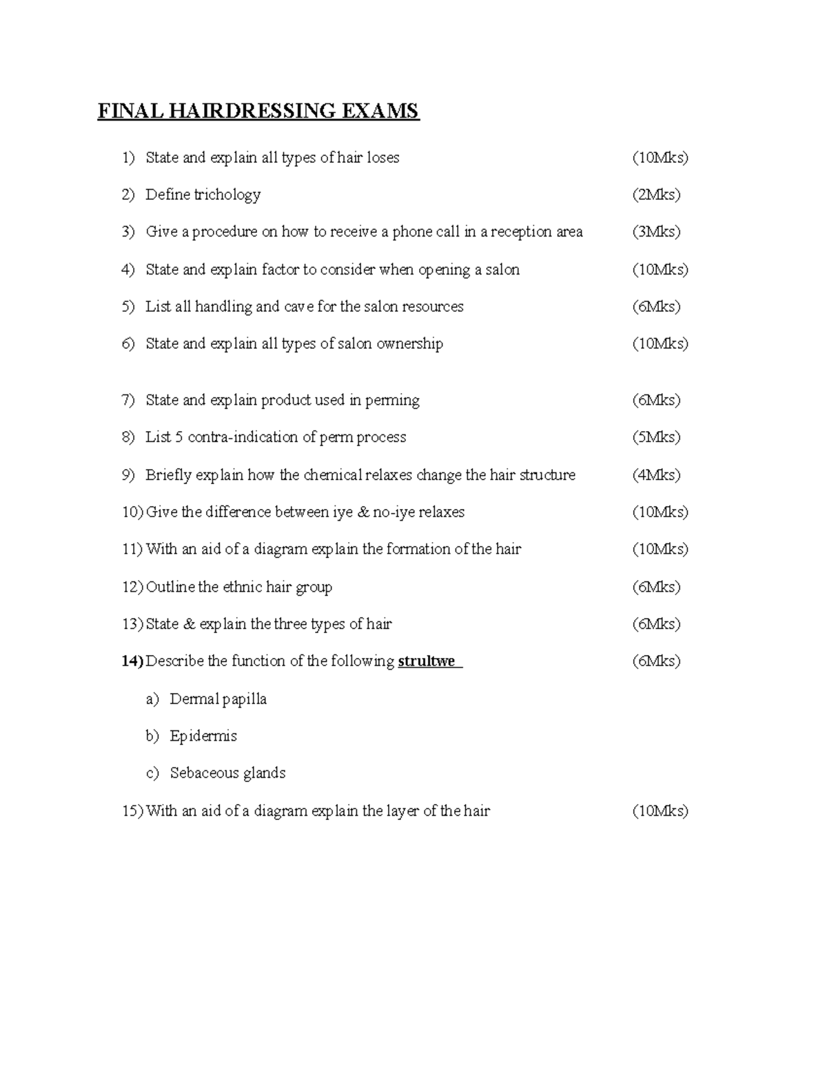 Final Exam Guide for Hairdressing (Course Code: HAIR 101) - Studocu