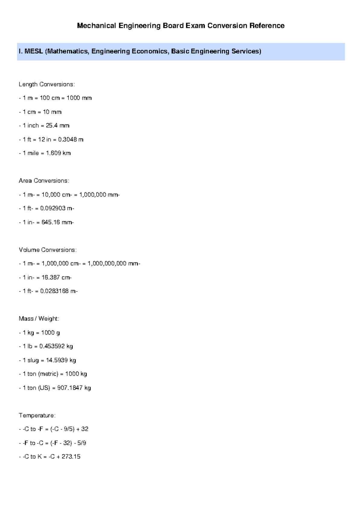 Mechanical Engineering Board Exam Unit Conversions Reference I. MESL - Studocu