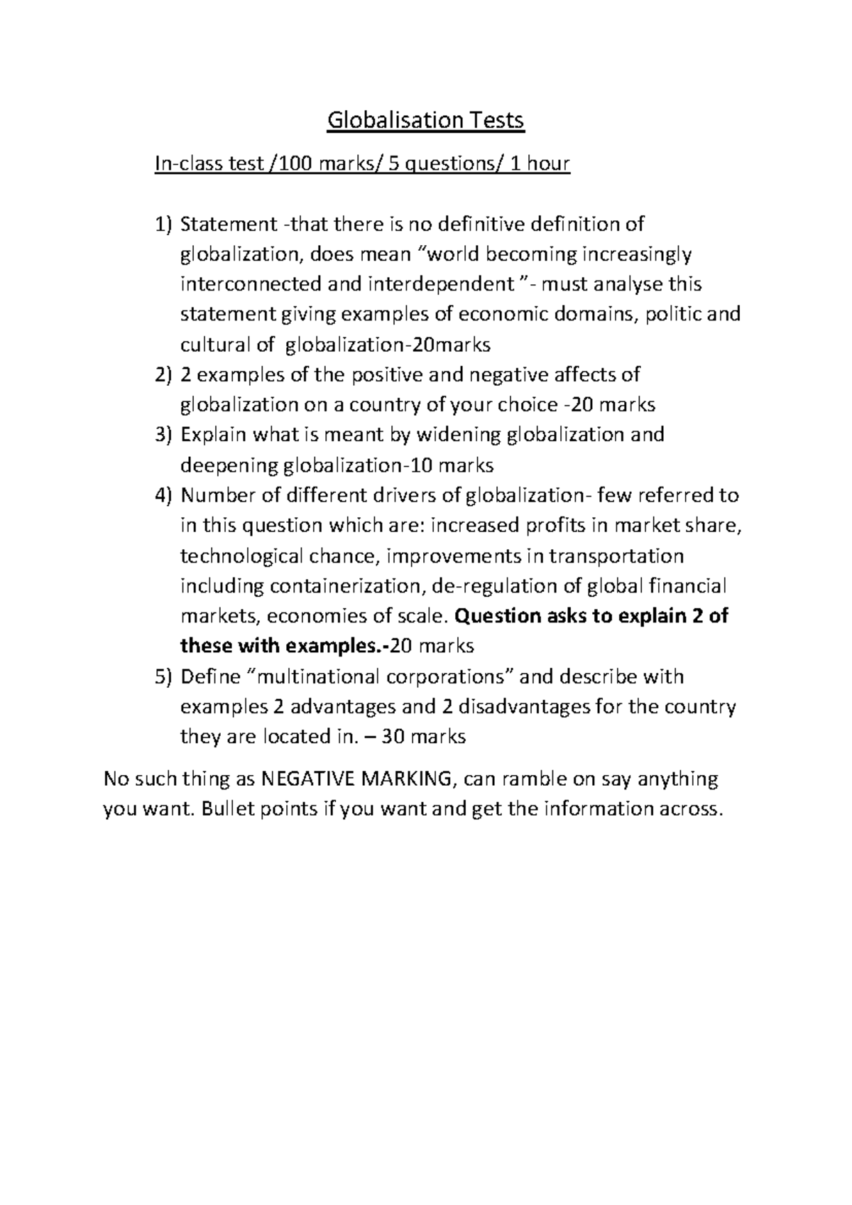 Globalisation Test and Exam - Globalisation Tests In-class test /100 ...