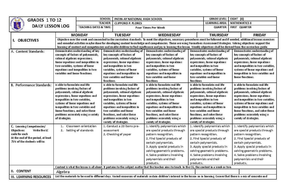 DLL MATH 8 Q1 - Comprehensive Daily Lesson Log for Quarter 1 - Studocu