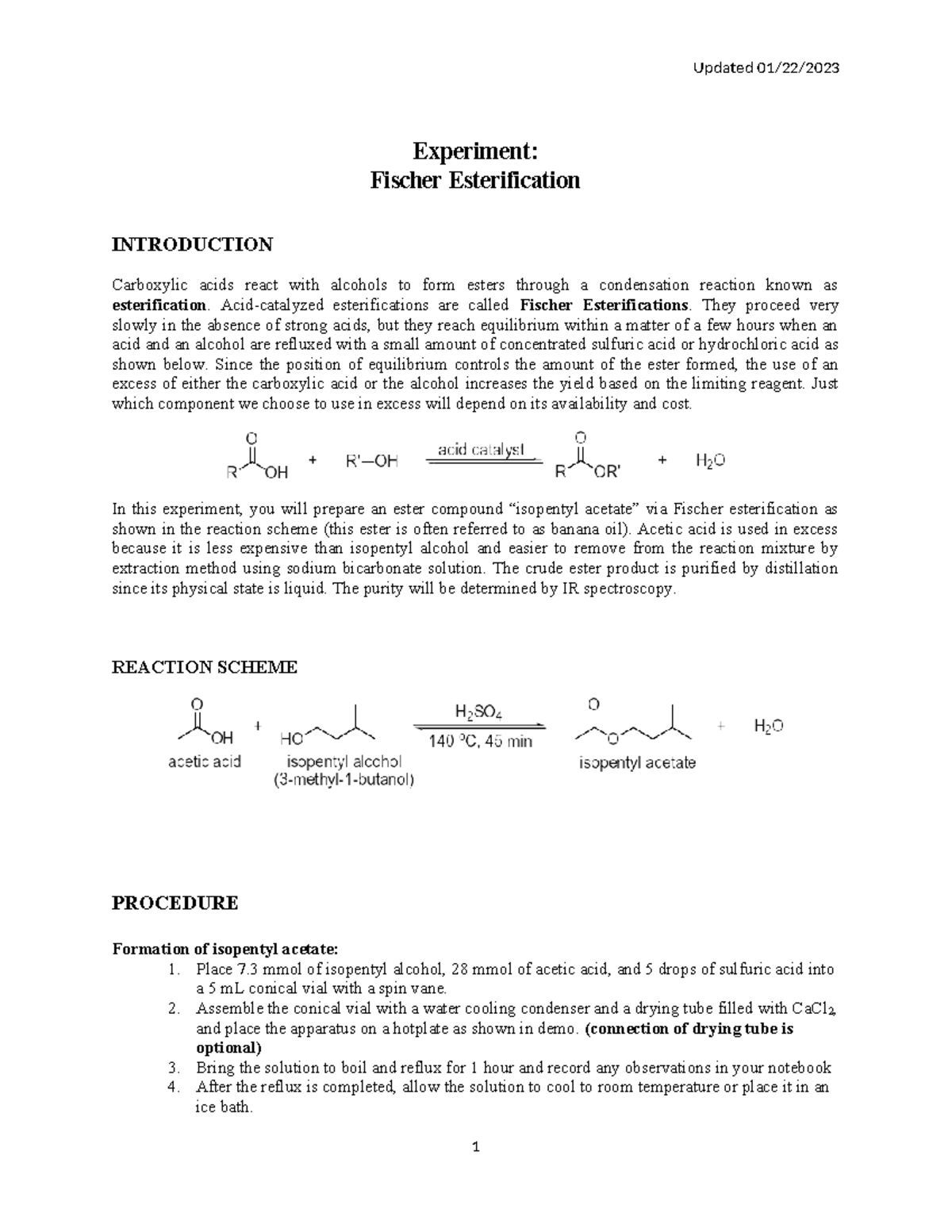 Fischer Esterification Experiment: Synthesis of Isopentyl Acetate - Studocu