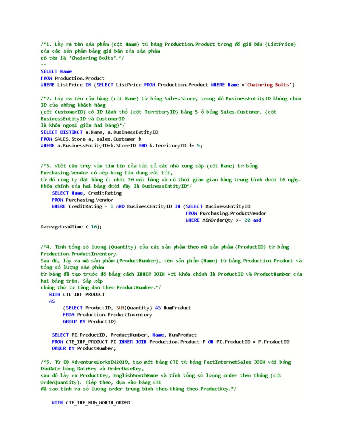 CTE Subquery - Bài tập cơ bản SQL - /1. L y ra tên s n ph m (c t Name ...