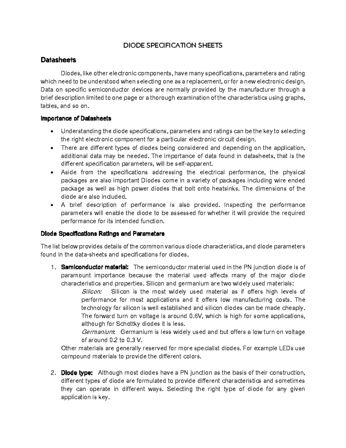 Diode Specification Sheets Lecture Notes for Electronics (ELEC101 ...
