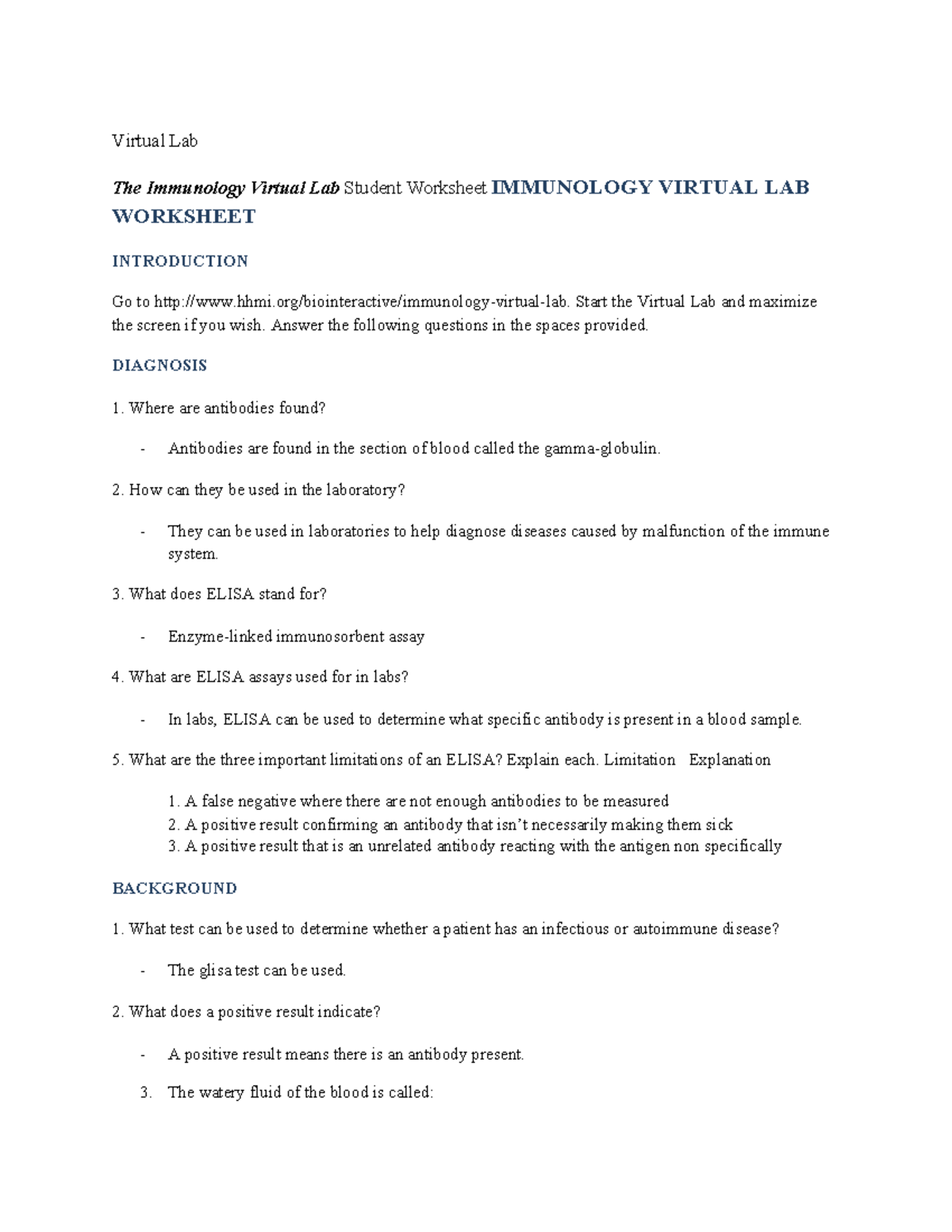 Biology lab nine - The Immunology Virtual Lab Student Worksheet ...