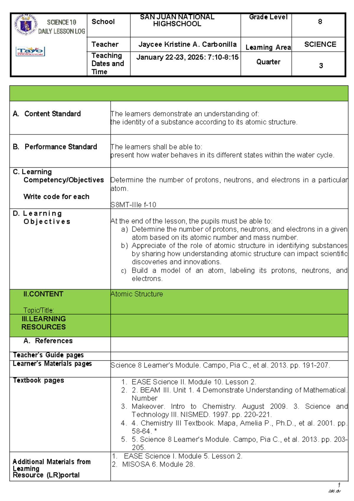 Atomic Structure Lesson Plan for Grade 8 (3rd Quarter) - Studocu