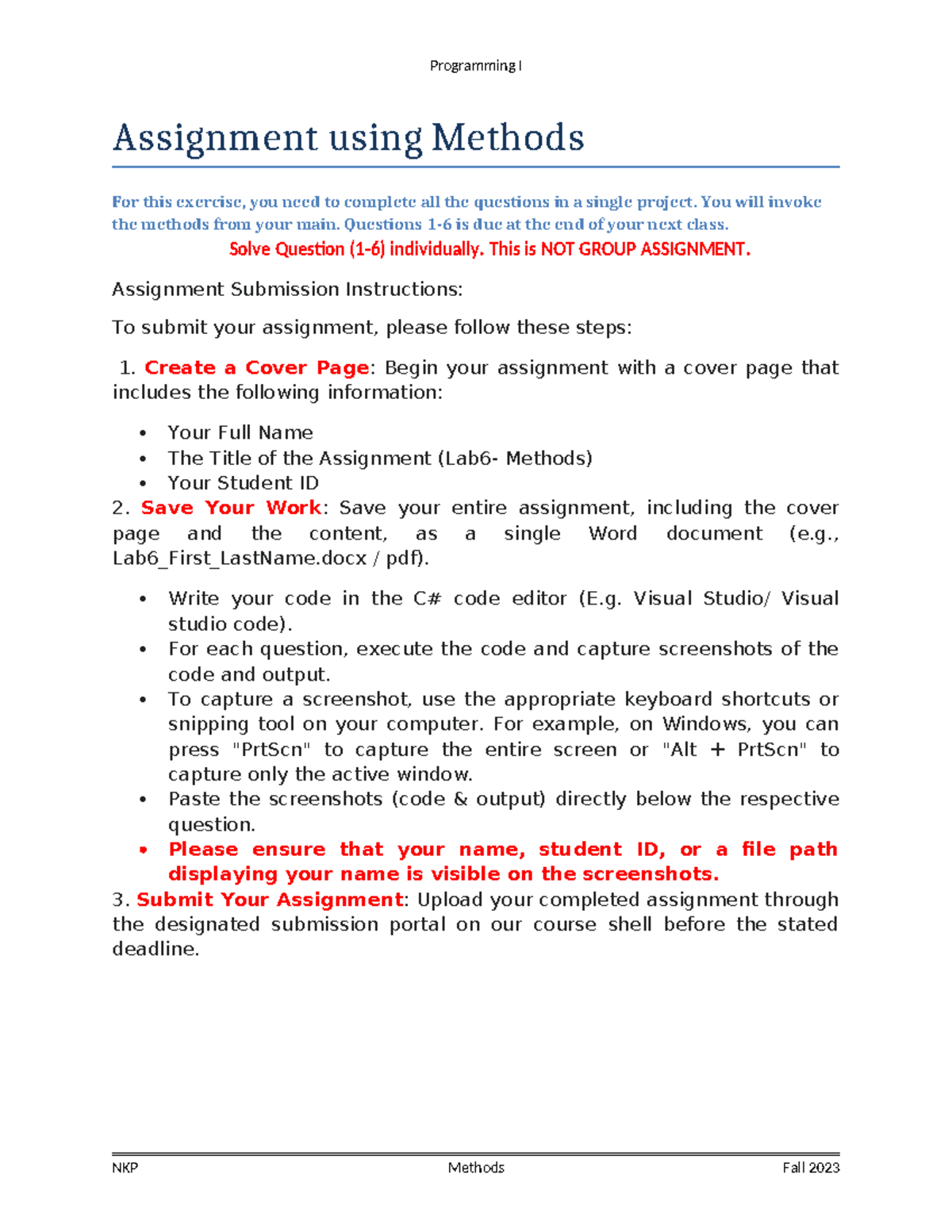Programming I - Methods Assignment (Lab6) Overview - Fall 2023 - Studocu