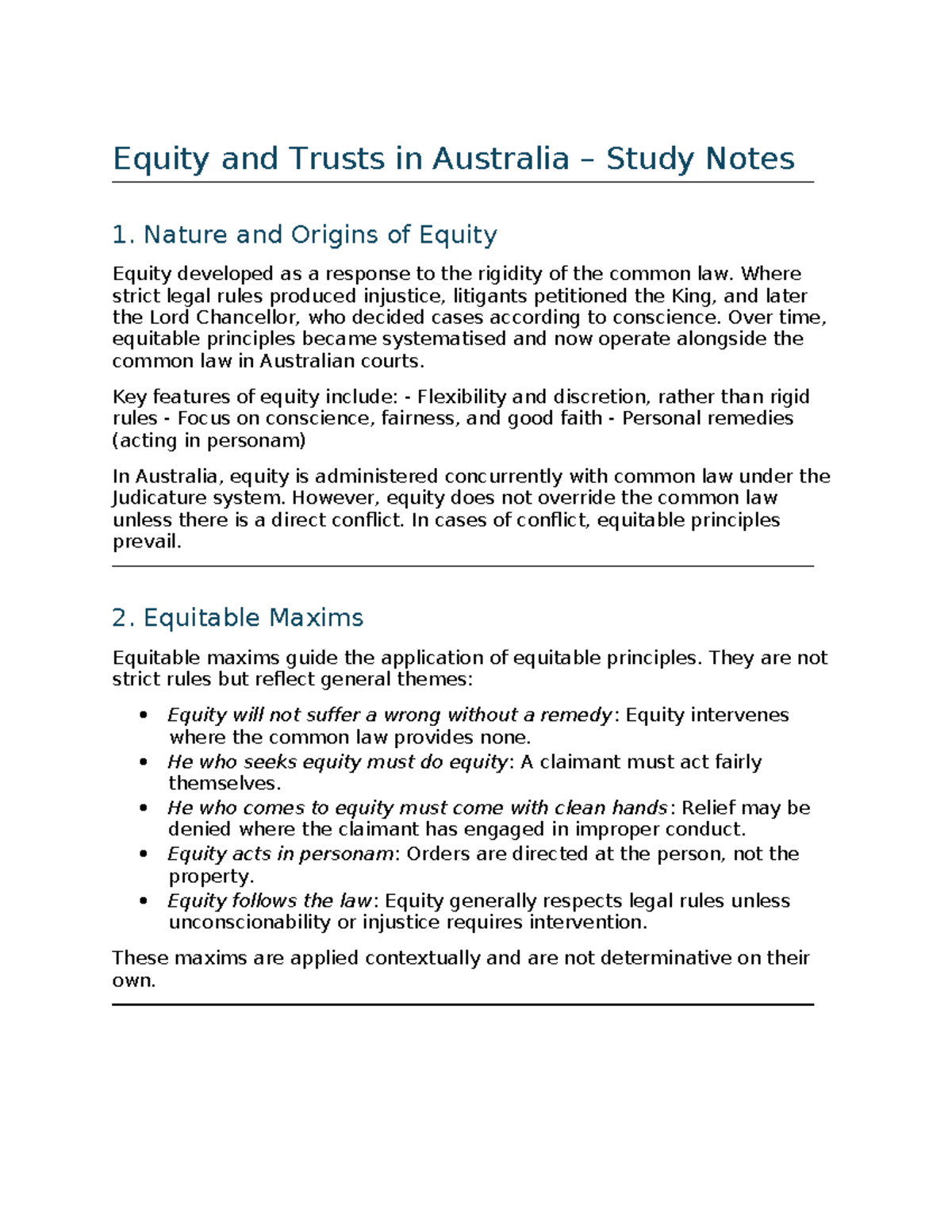 Equity and Trusts – Australian Law Cheat Sheet (Study Notes) - Studocu