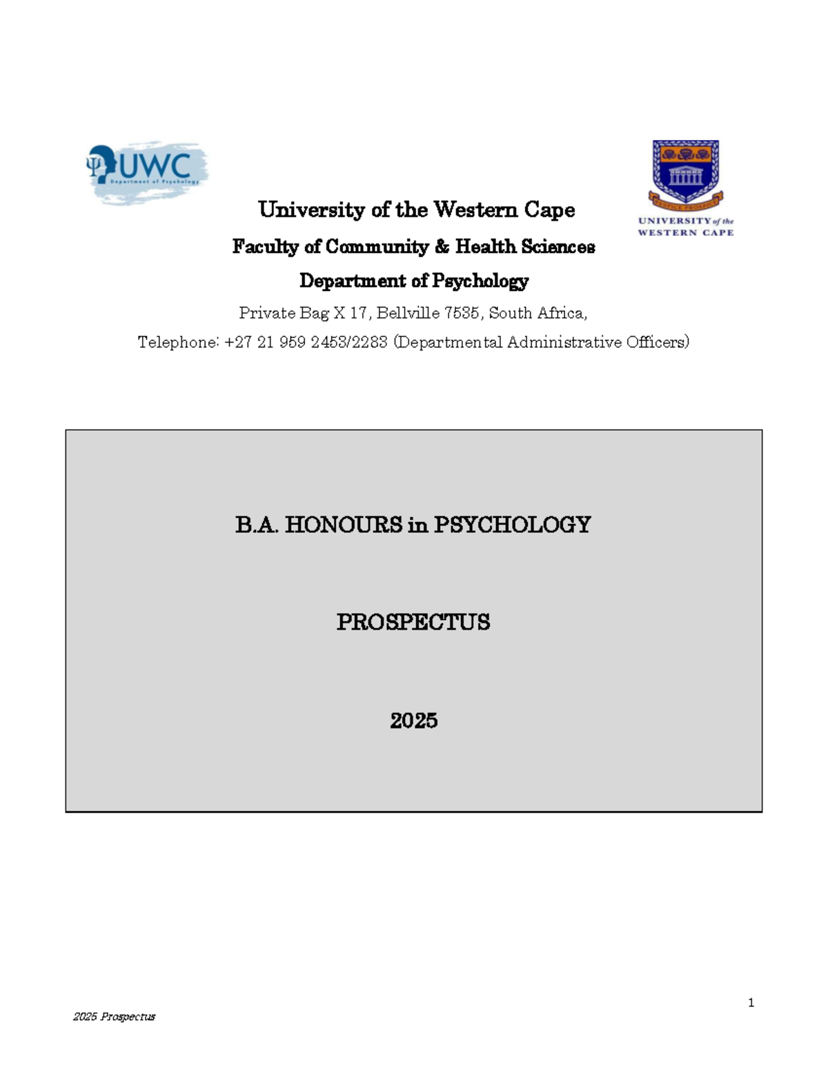 UWC Honours Psychology Prospectus 2025 (Course Codes: 8753, 8751) - Studocu