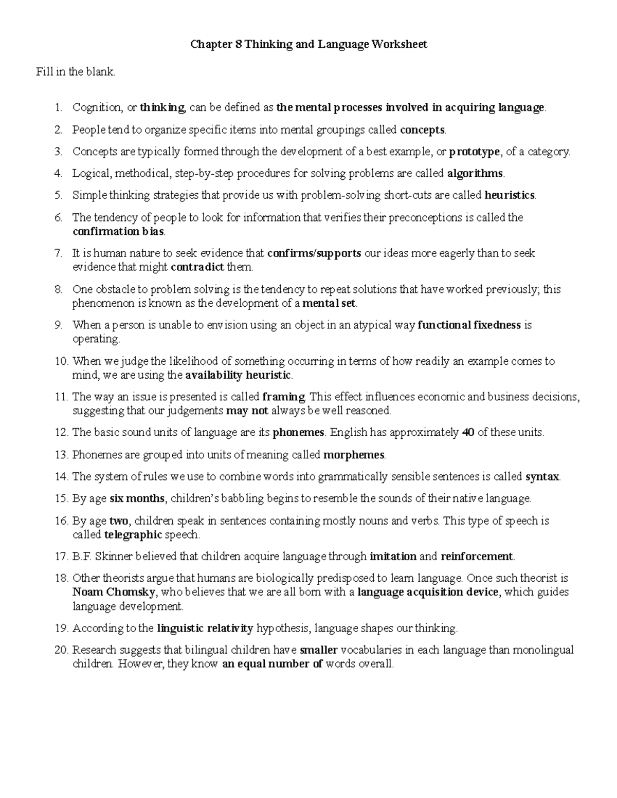 Chapter 8 Thinking and Language Worksheet Answer Key Revision - Studocu