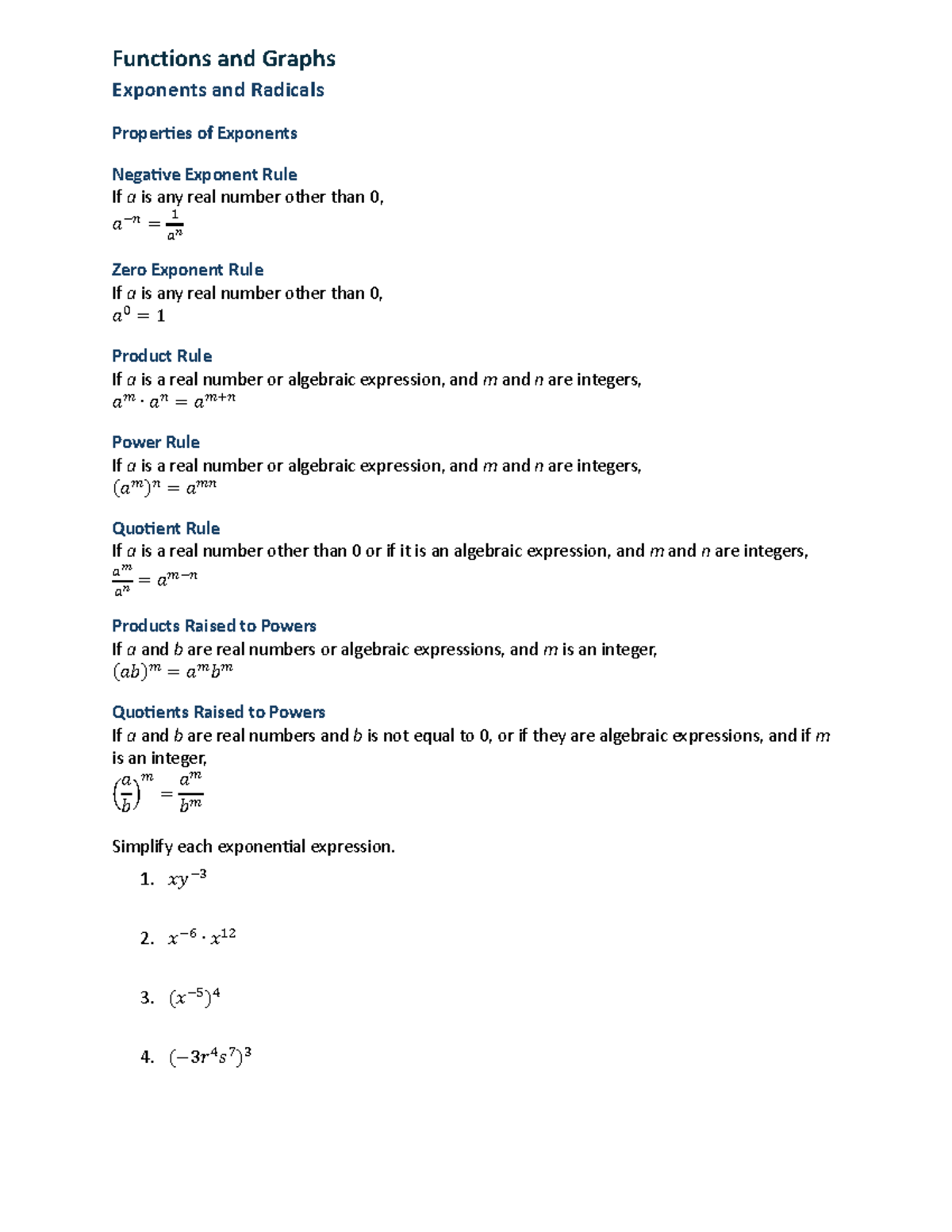 Exponents and Radicals - Functions and Graphs Exponents and Radicals ...