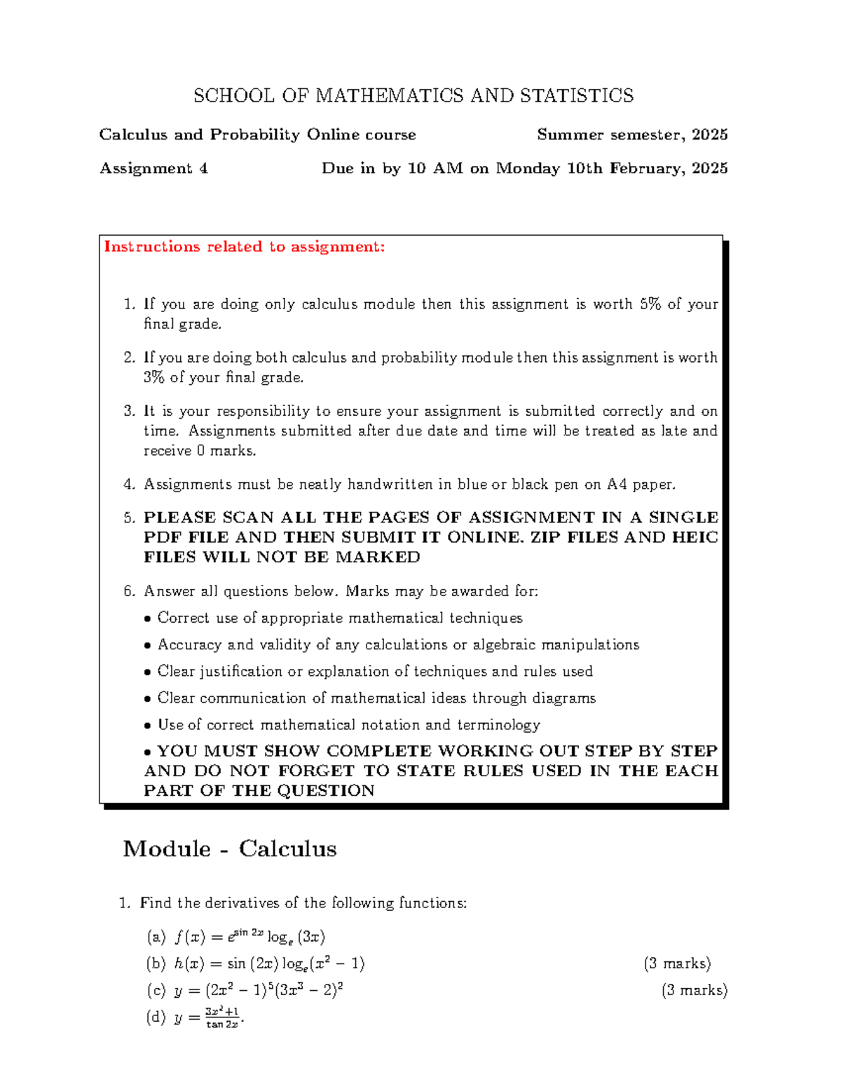 Calculus assignment 4 2025 - SCHOOL OF MATHEMATICS AND STATISTICS ...