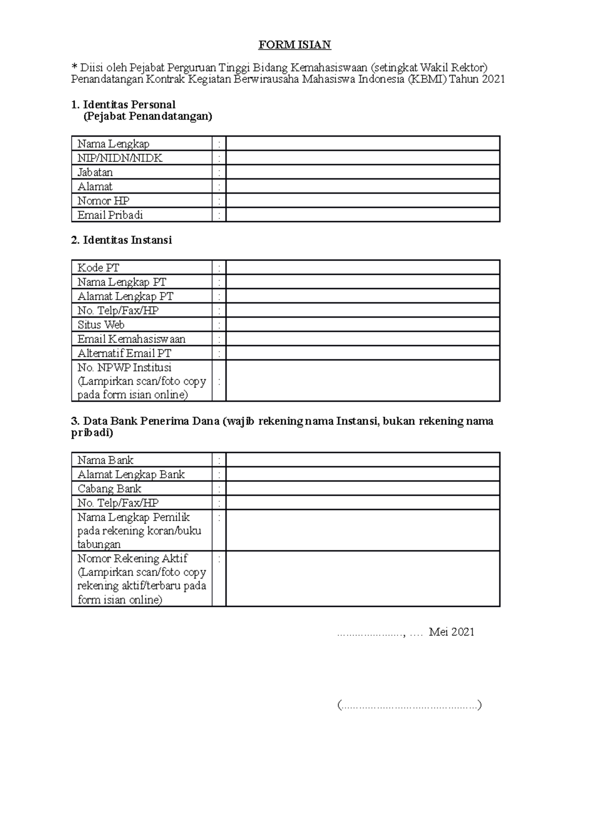 Form Isian KBMI Tahun 2021 - FORM ISIAN Diisi oleh Pejabat Perguruan ...