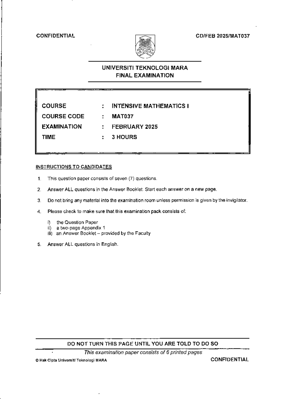MAT037 Final Exam Paper - Intensive Mathematics 1, Feb 2025 - Studocu
