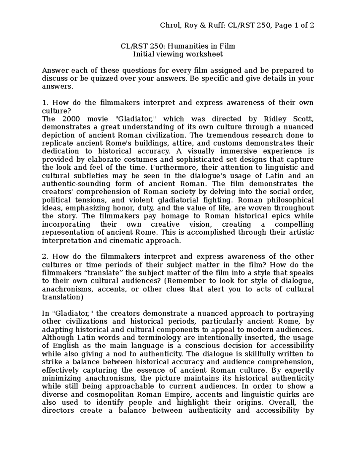 GLADIATOR Film Analysis Worksheet - CL/RST 250 Schoolwork - Studocu
