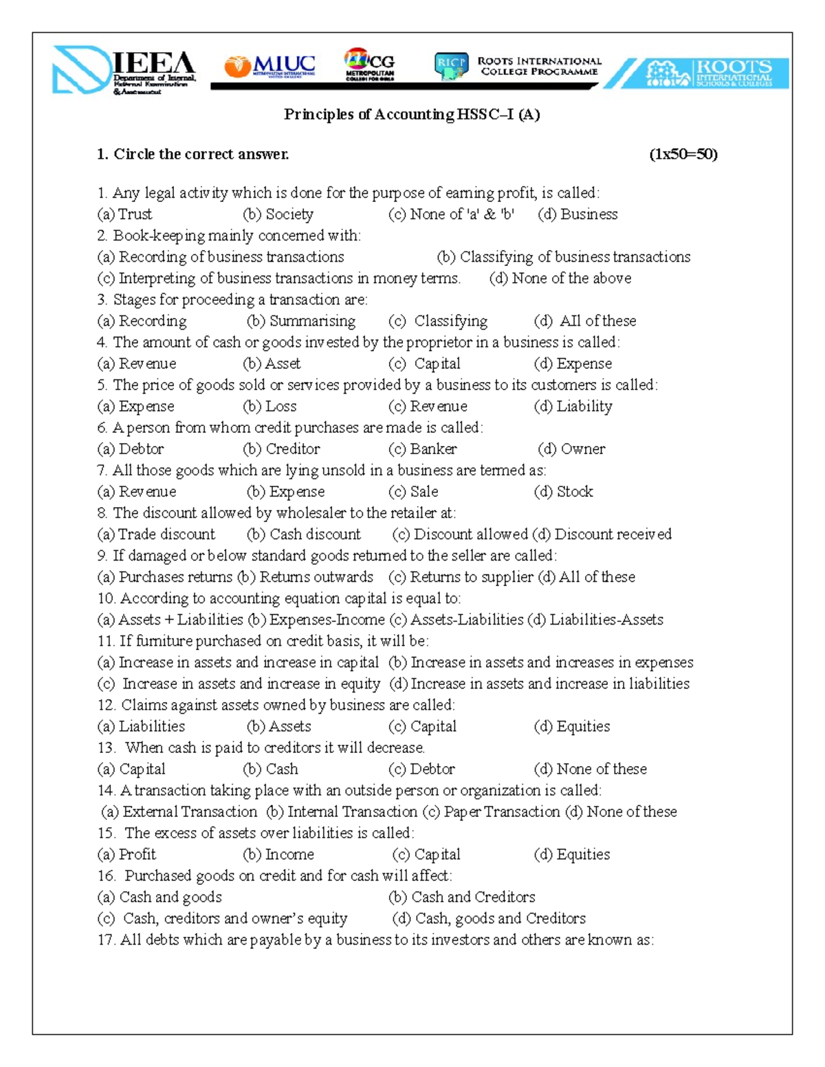 POA 1 - MCQs Test on Principles of Accounting - Studocu