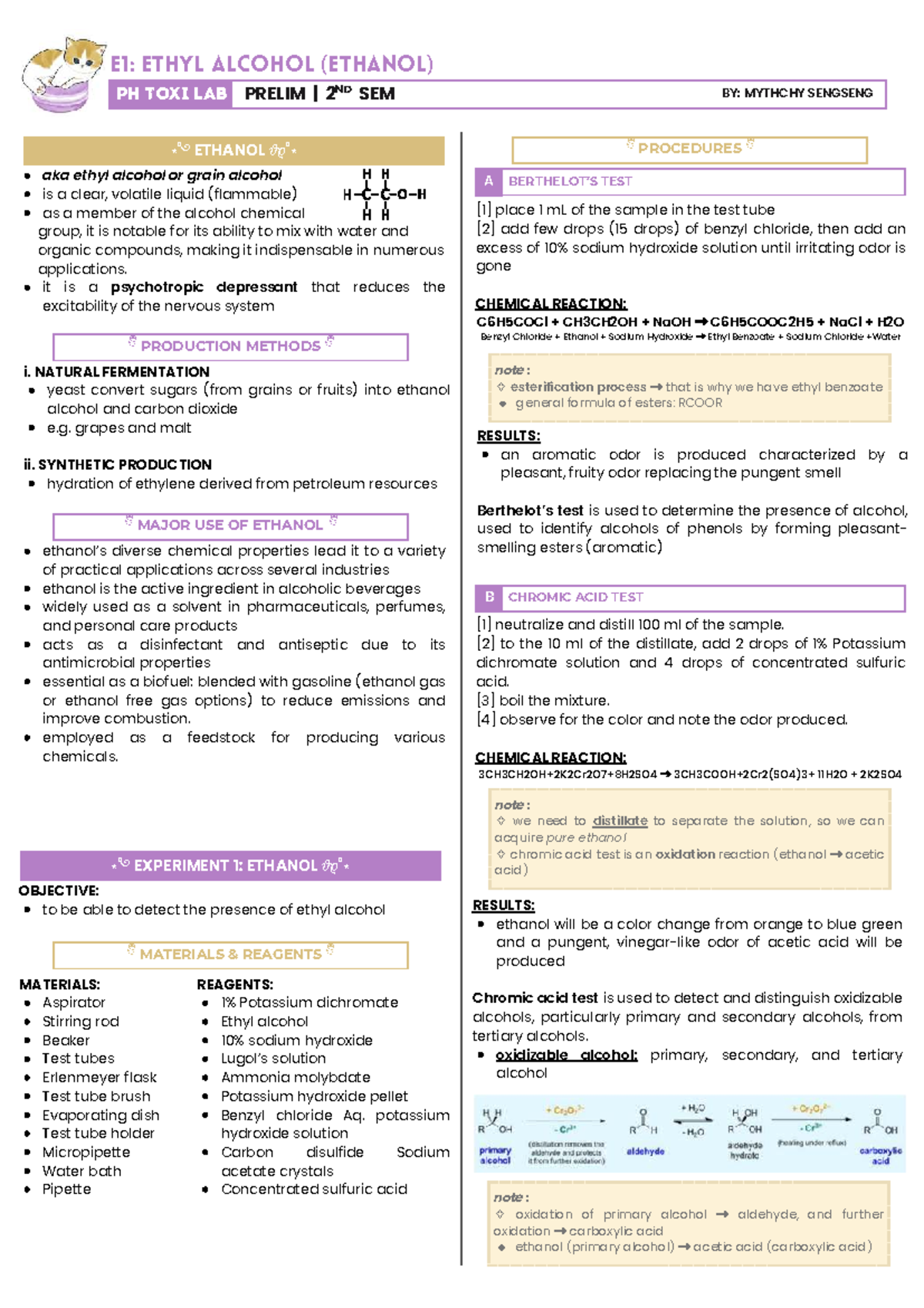 E1: Ethanol PH Toxi Lab Procedures - 2nd Sem Final Exam Notes - Studocu