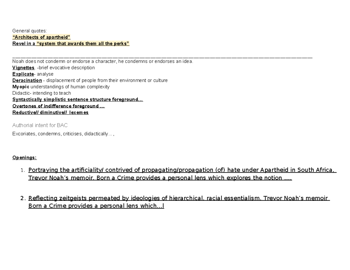 Born A Crime: Exam Analysis and Key Quotes on Apartheid - Studocu