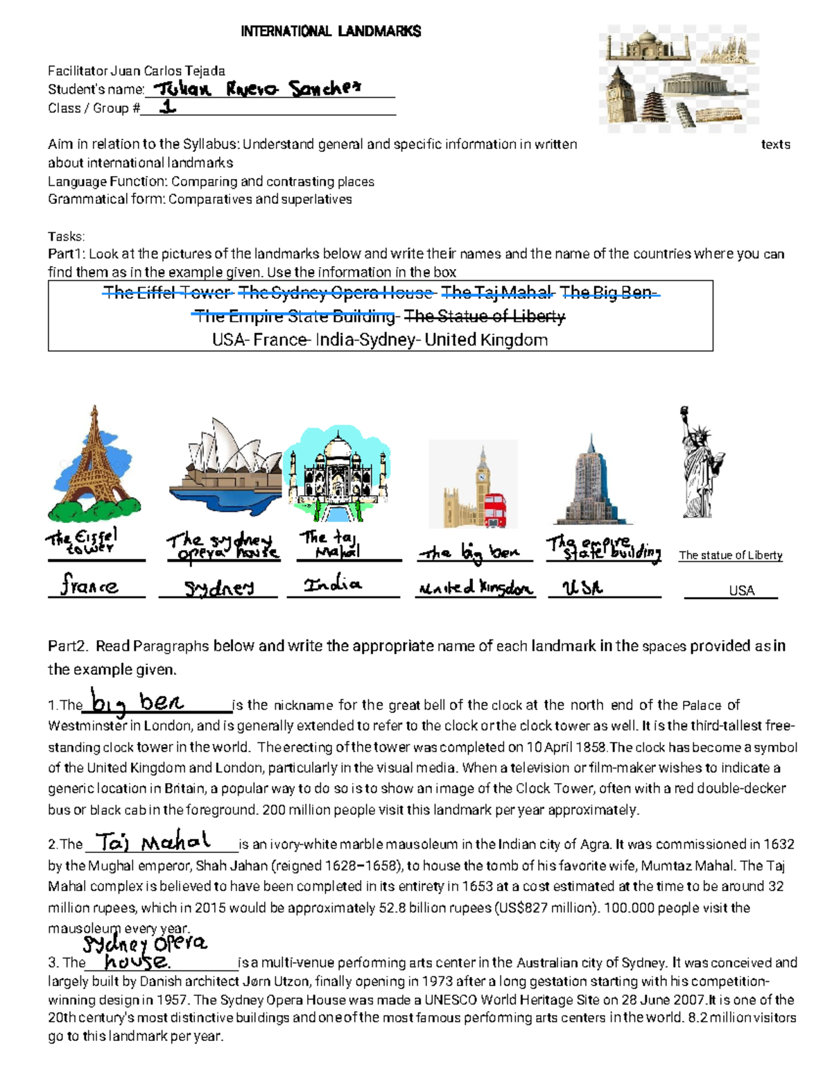International landmarks Reading comprehension - INTERNATIONAL LANDMARKS ...