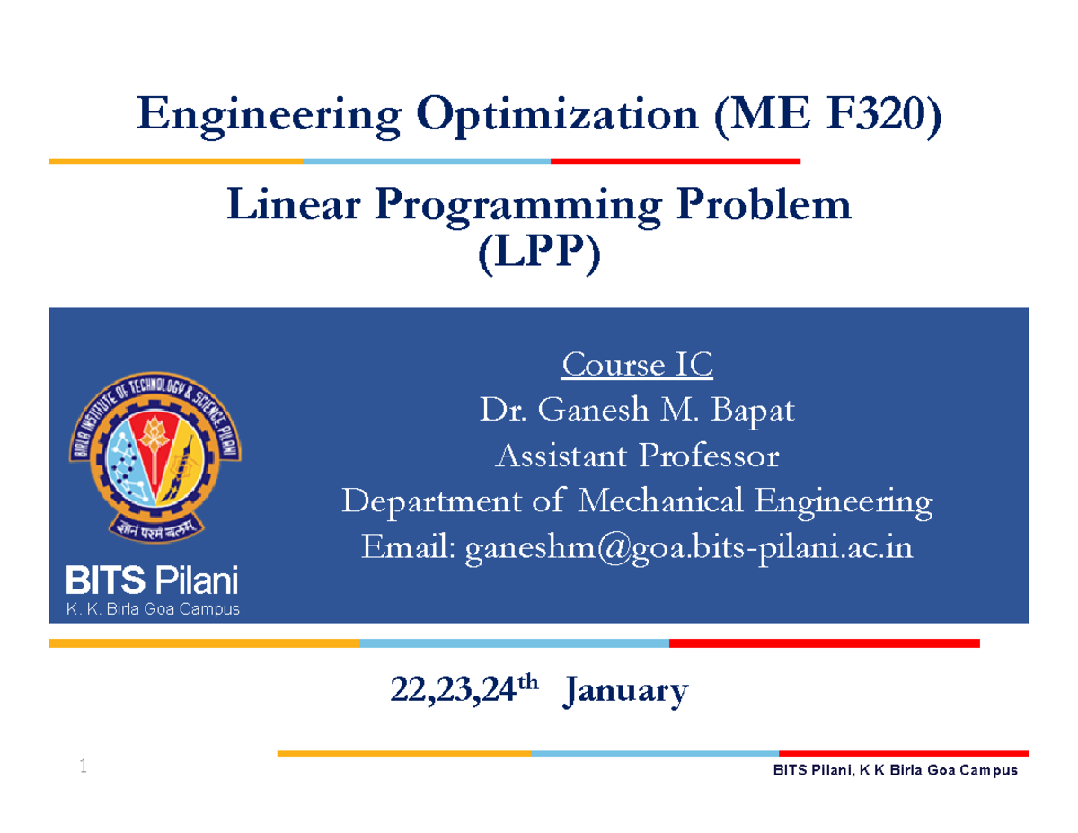 Engineering Optimization (ME F320) Linear Programming Concepts and Methods - Studocu