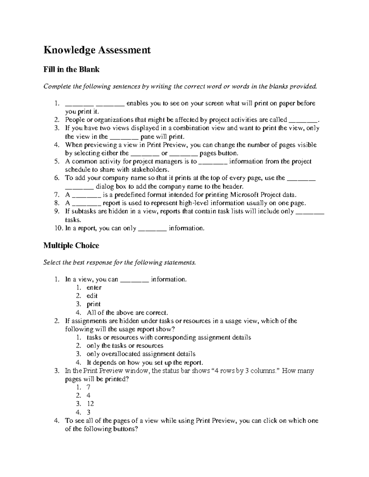 MSProject Lesson 10: Knowledge & Resource Assessment Exercises - Studocu