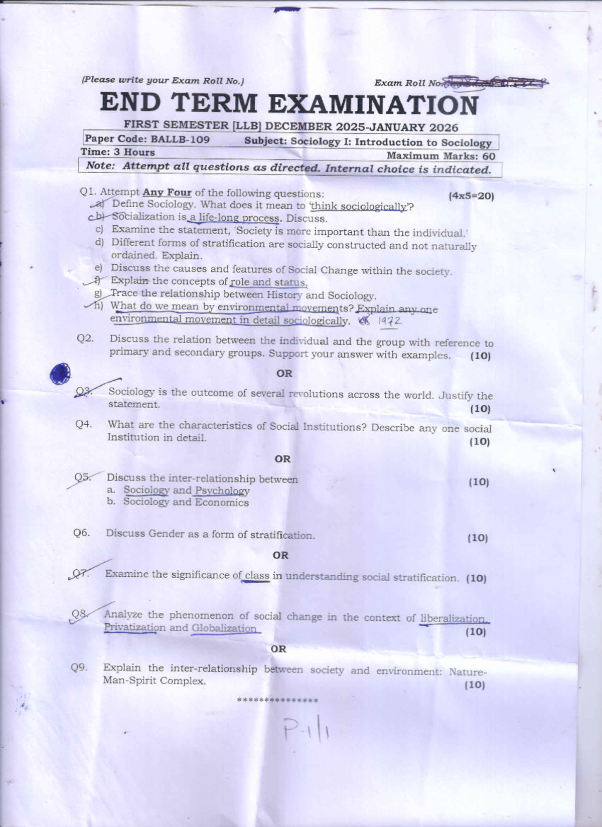 BALLB 109 End Term Exam: Sociology I December 2026 Question Paper - Studocu