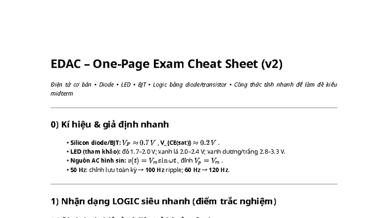 EDAC Midterm Exam Cheat Sheet: Diodes, BJT, and Logic Basics - Studocu