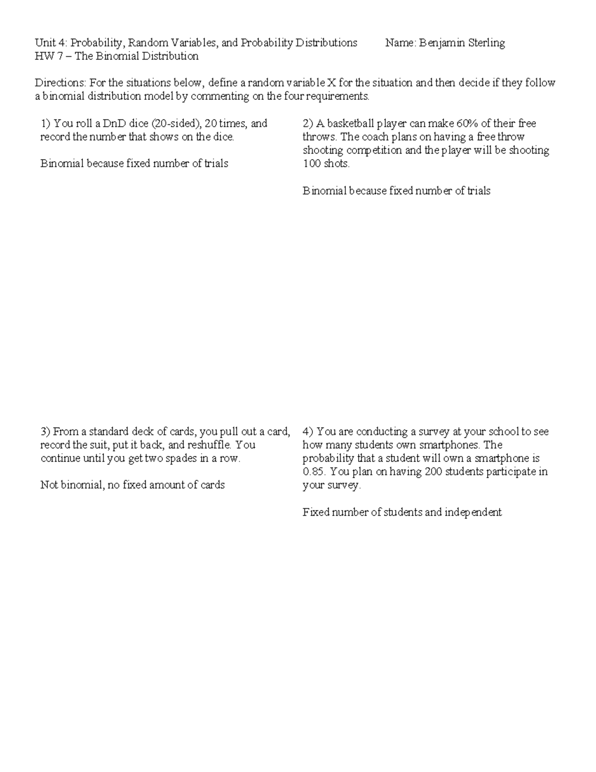 HW 7: Binomial Distribution Analysis in Probability (Unit 4) - Studocu
