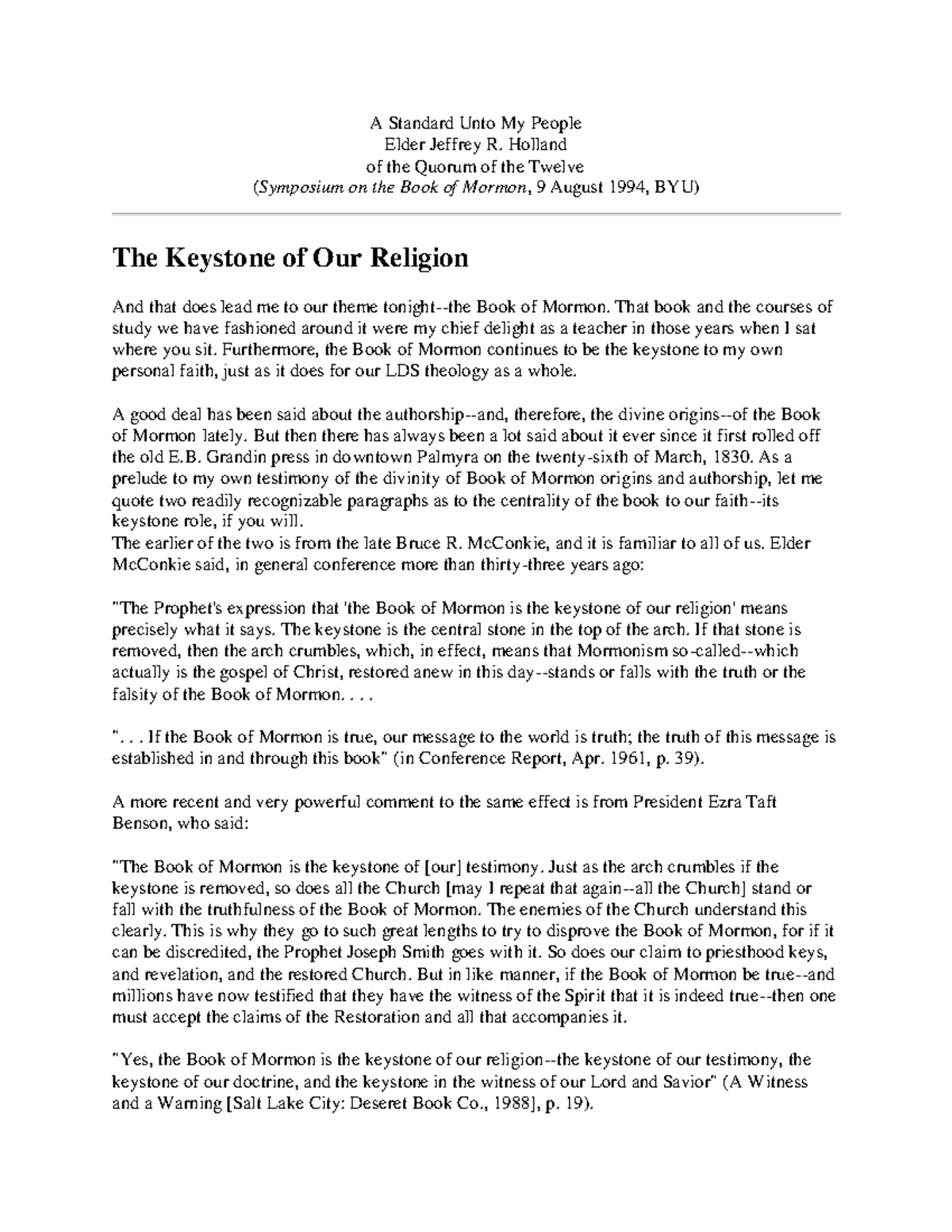 The Book of Mormon: Keystone of LDS Faith - Elder Holland's Testimony ...