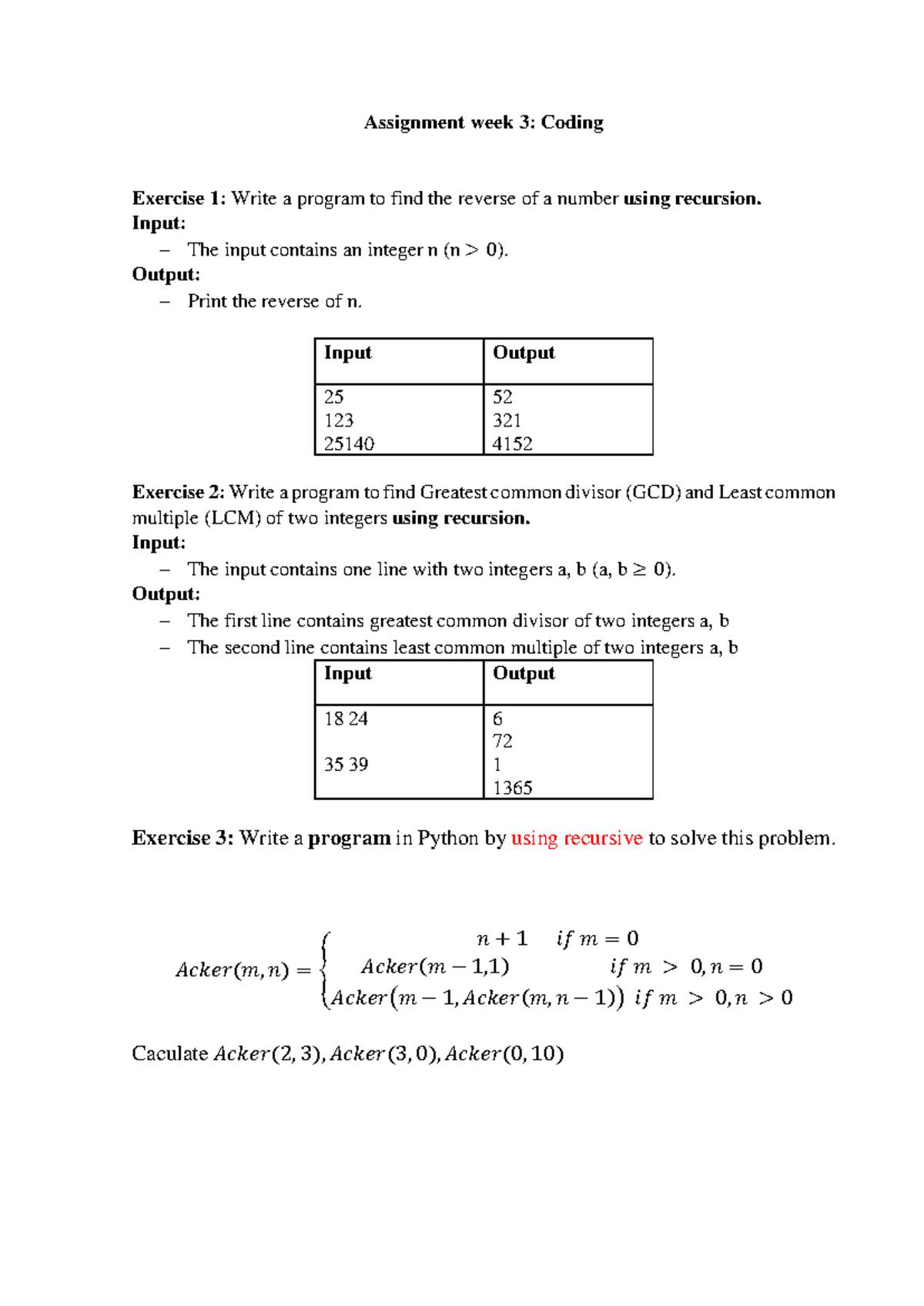 CS101: Week 3 Assignment - Recursion Coding Exercises - Studocu