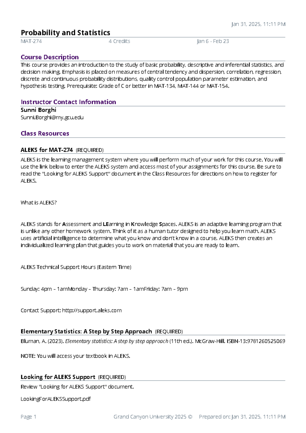 Syllabus for MAT-274 Probability and Statistics Course (Jan 2025) - Studocu