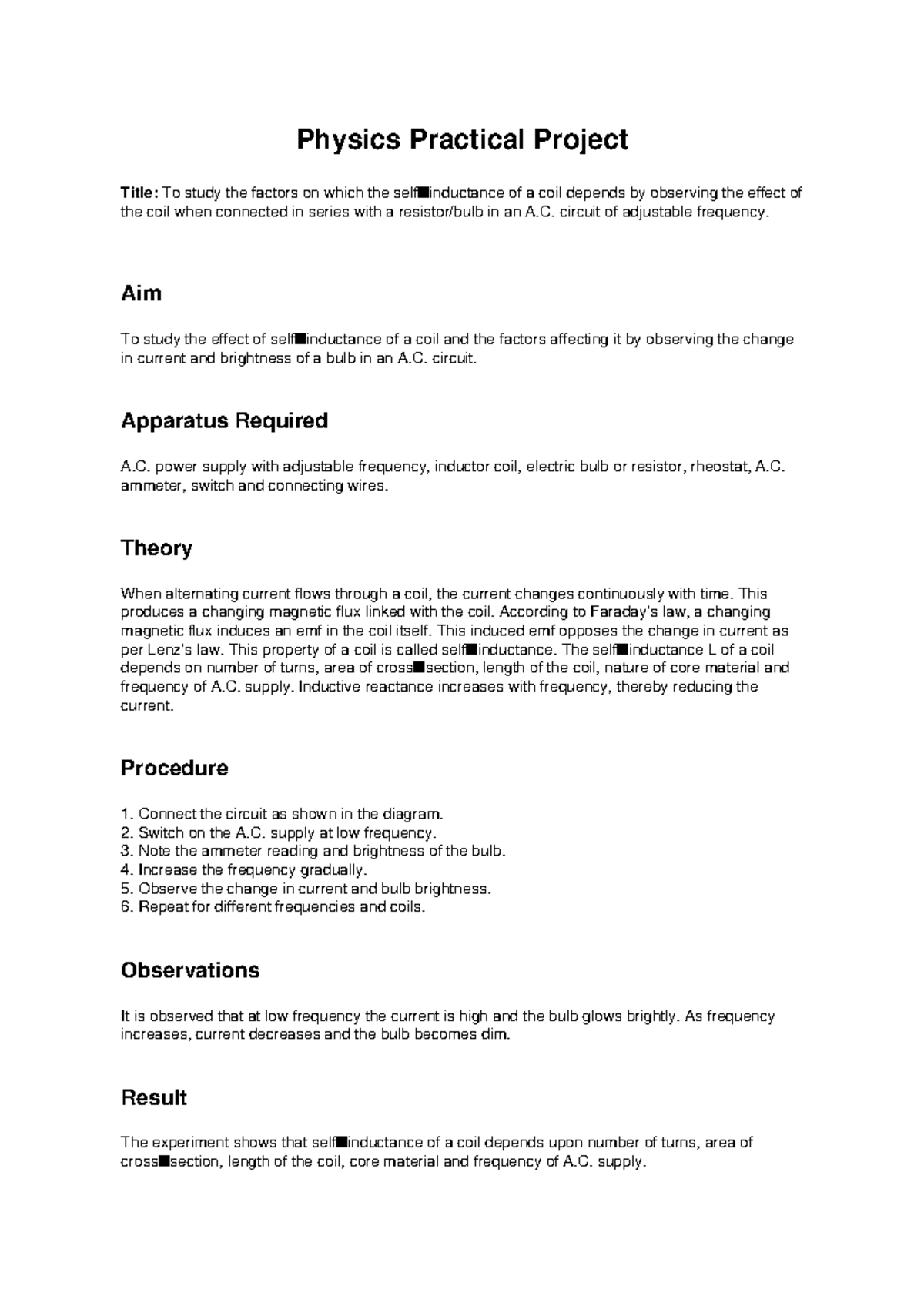 Physics Project: Factors Affecting Self Inductance in A.C. Circuits ...