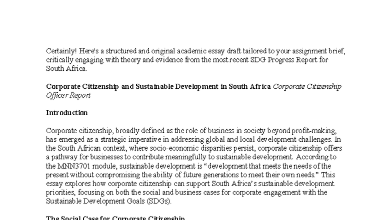 MNN3701 Assignment 1: Corporate Citizenship & Sustainable Development in SA - Studocu
